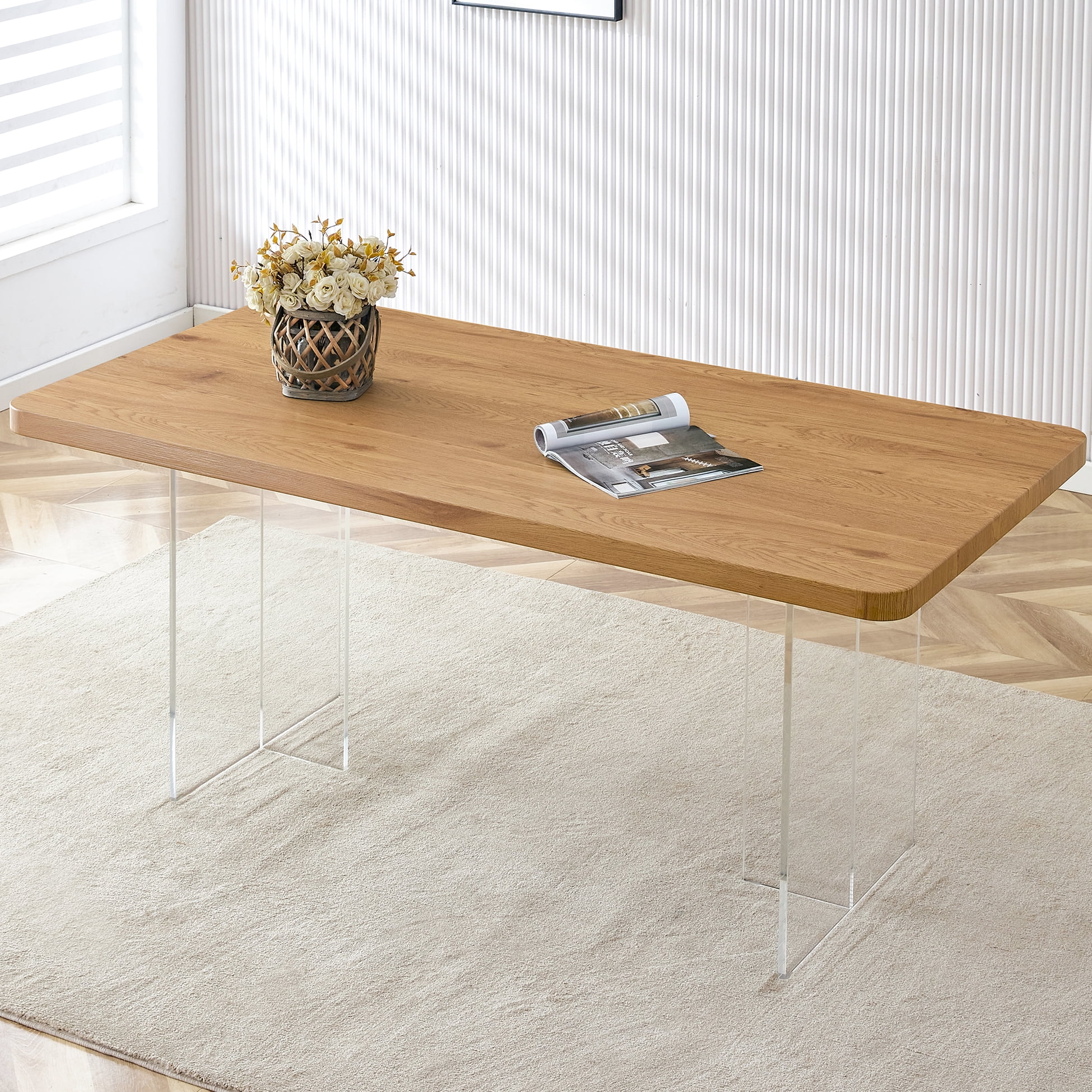 Rectangular Wooden Table With Modern Minimalist Acrylic Legs - Computer Desk & Dining For ...