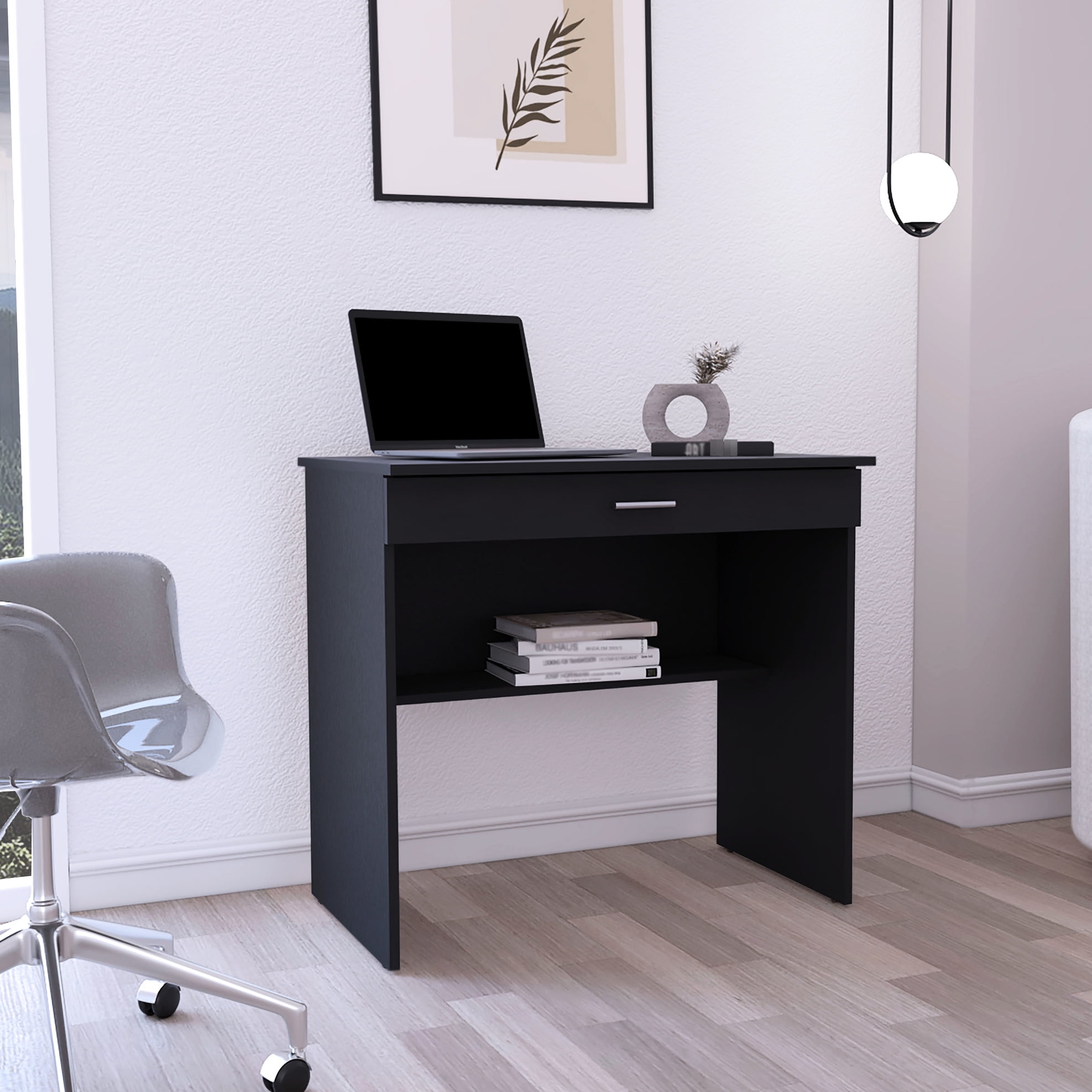 Rectangular Work Desk With Drawer And Shelf, Black, Office Reliability ...