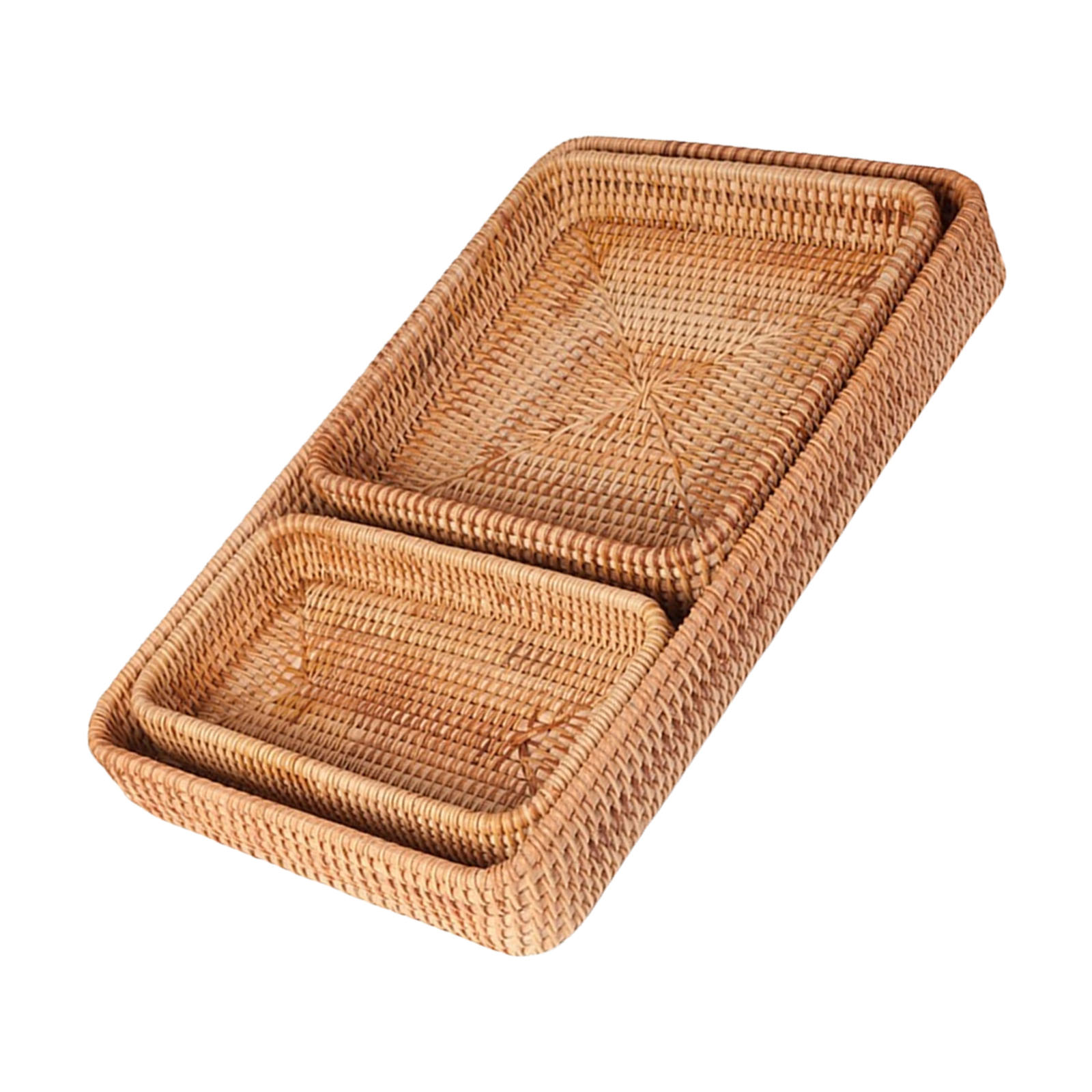 Rectangular Woven Rattan Serving Trays Set of 3 Multiuse Storage ...