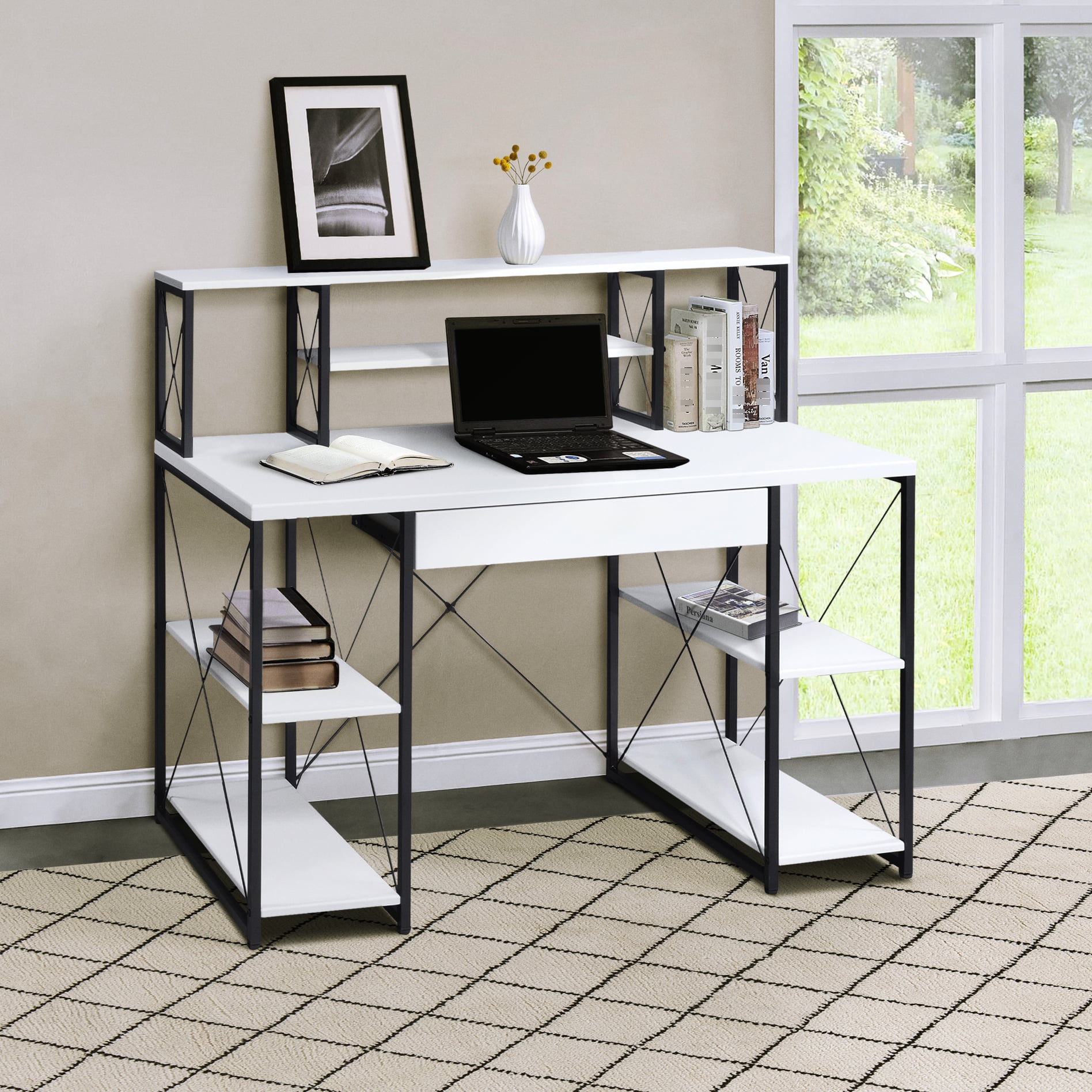 Rectangular Writing Desk In White And Black With Open Shelves For ...