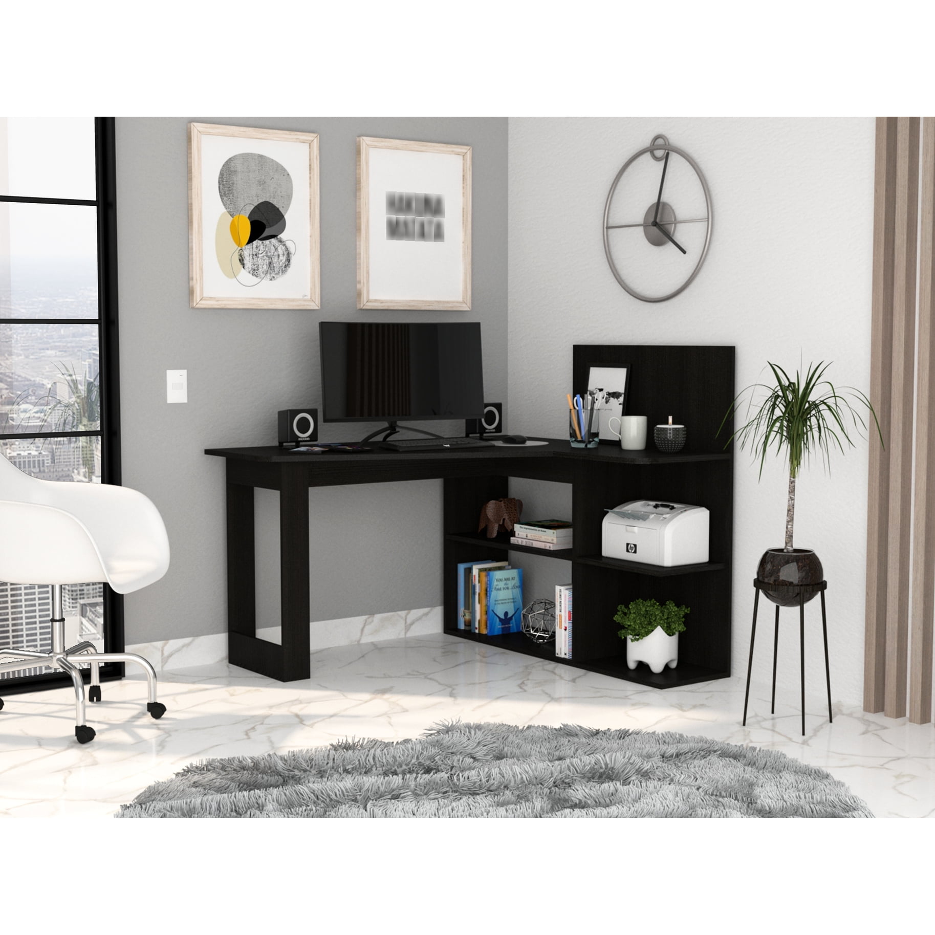 Rectangular computer desk - Five open shelving units - Black color / L ...