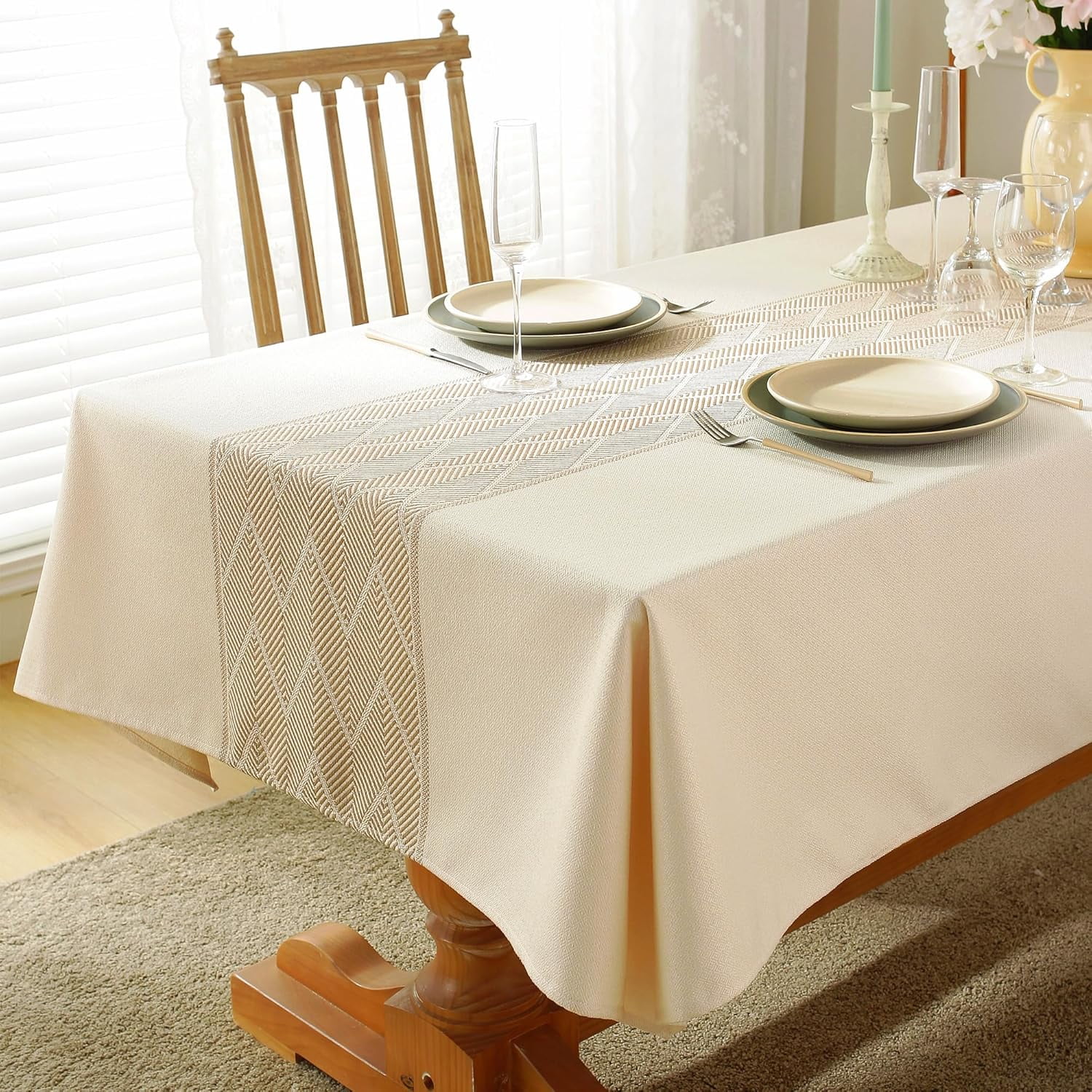 Rectangular dining table with linen tablecloth, used in restaurants and ...