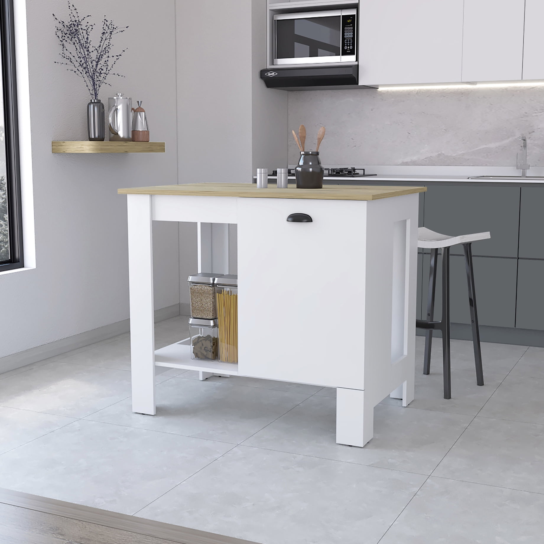 Rectangular kitchen island with white/macadamia finish and open shelf ...