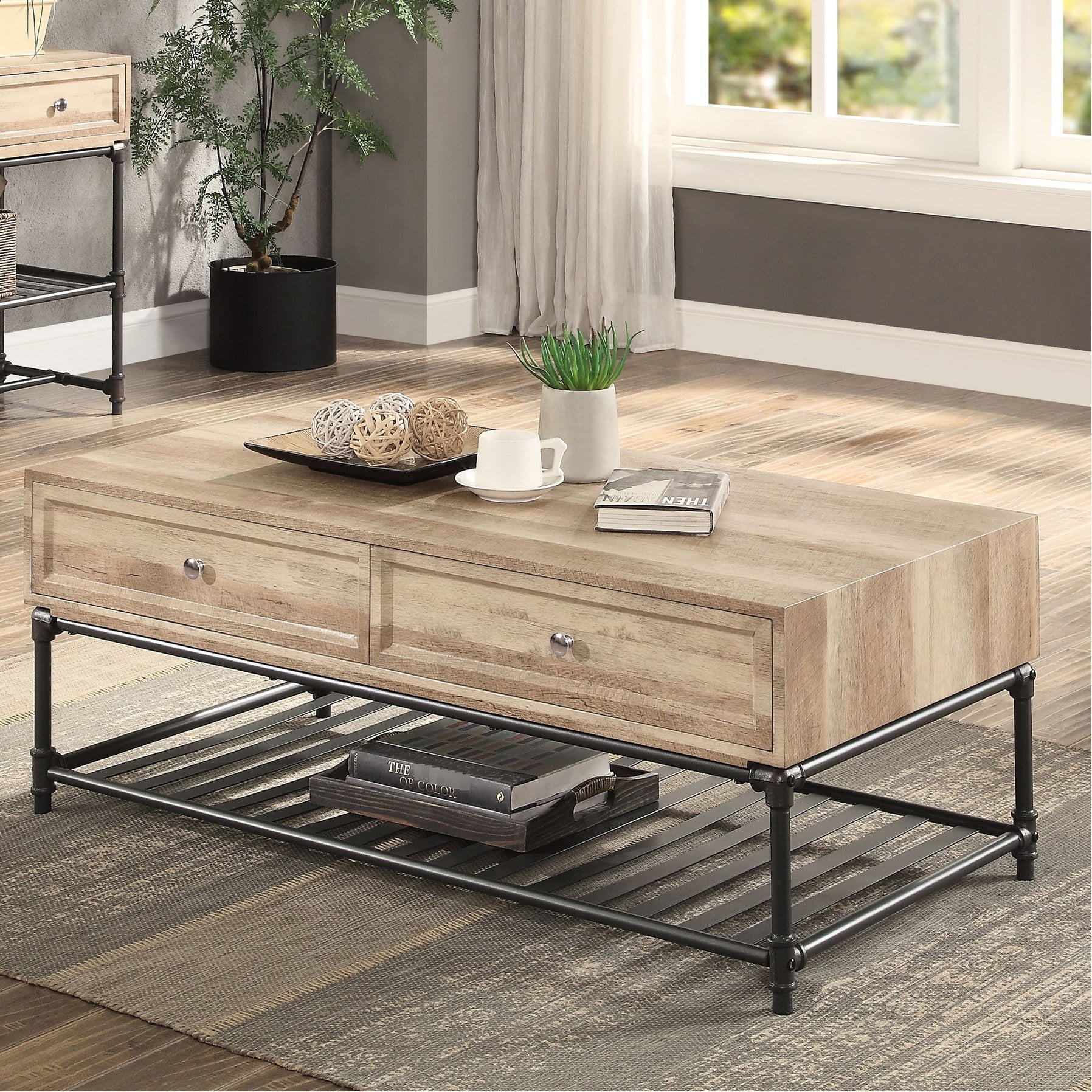 Rectangular oak and sandy black coffee table for primary living space ...