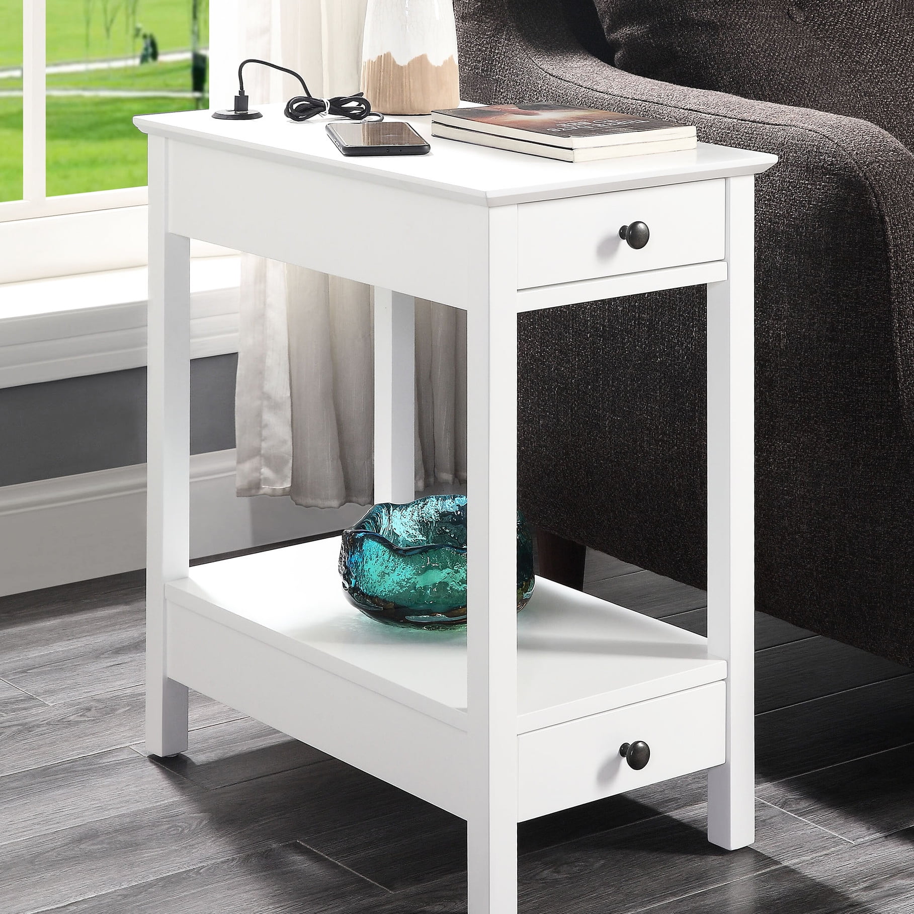 Rectangular white accent table with USB and open compartment for living ...
