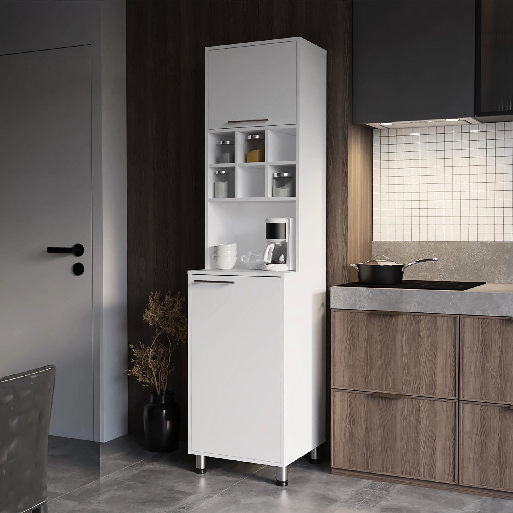 Rectangular white kitchen unit with pneumatic doors and 7 shelves for ...