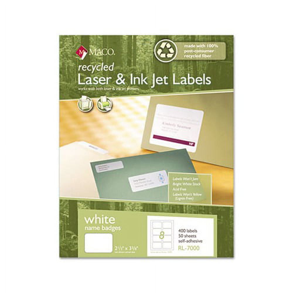Recycled Laser/Inkjet White Name Badge Labels 3 3/8 x 2 1/3, White, 400 ...