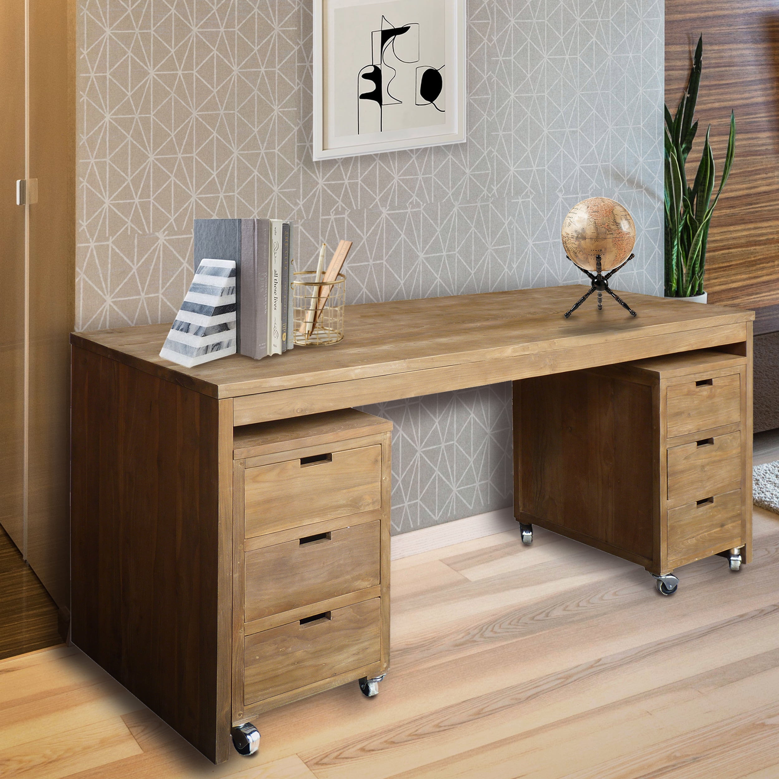 Recycled Teak Wood Bali Writing Desk with 2 Sets of Drawers for Home ...