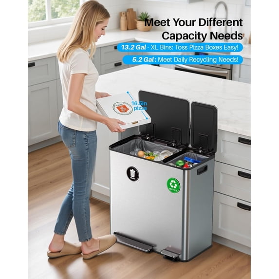 Recycling Bins for Kitchen, 13.2 + 5.2 Gal (50+20L) Stainless Steel ...