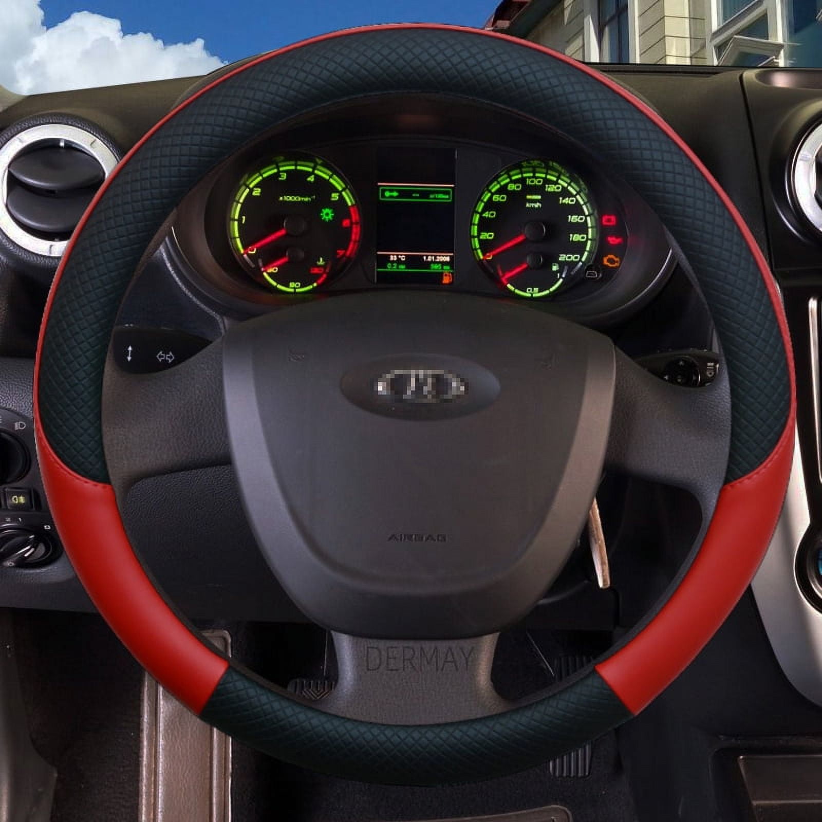 (Red)100% DERMAY Brand Leather Car Steering Wheel Cover Anti-slip for ...