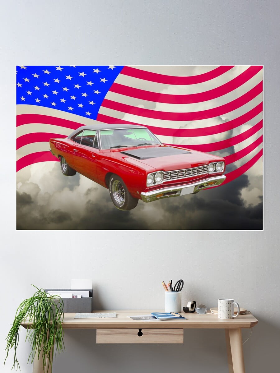 Red 1968 Plymouth Roadrunner And Us Flag Poster Wall Art, Modern Wall ...