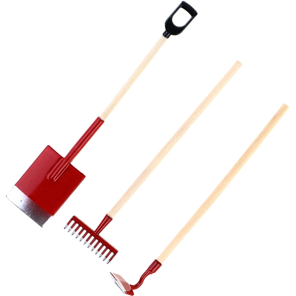 Three Piece Miniature Garden Tools Set with Red Shovel and Rake for ...