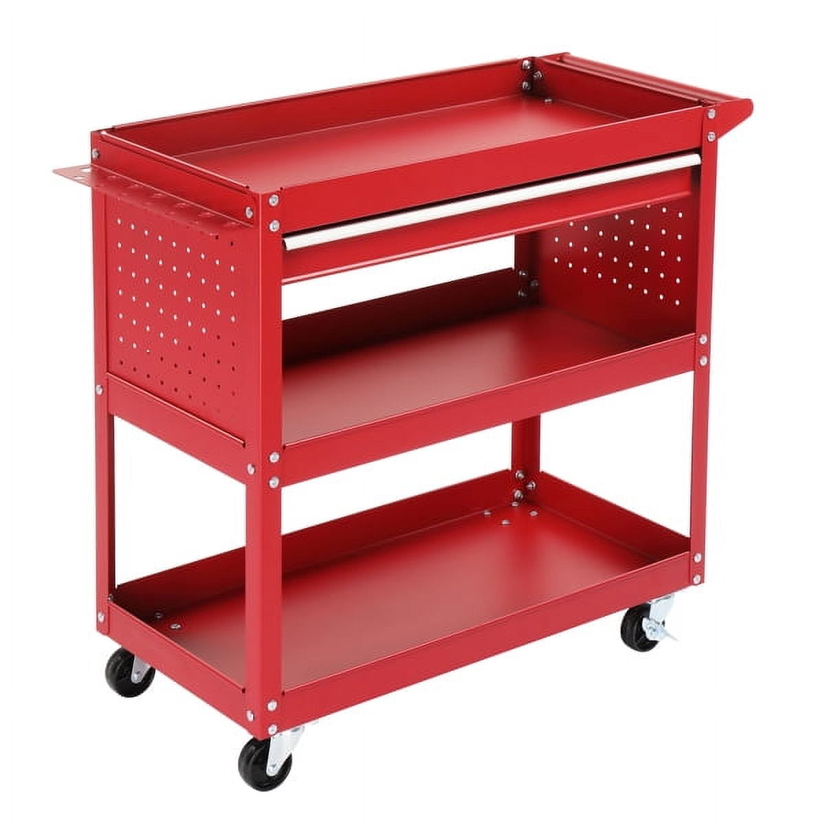 Red 3-Tier Rolling Tool Cart w/ Pegboard & Drawer - 330lb Capacity ...