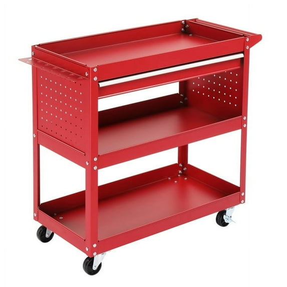 Red 3-Tier Rolling Tool Cart w/ Pegboard & Drawer - 330lb Capacity Heavy-Duty Steel Utility Cart ...