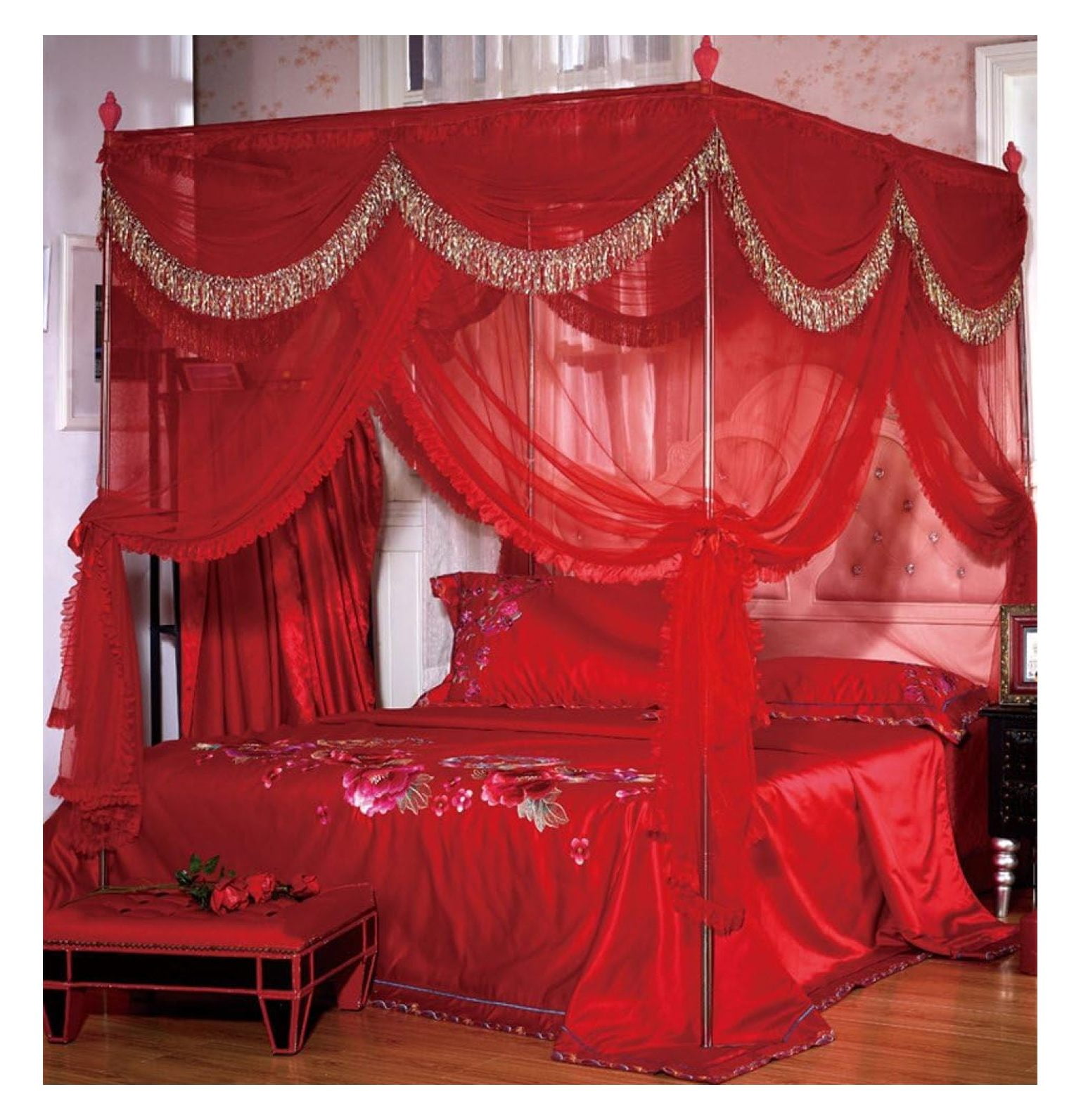 Red 4 Corner Post Bed Curtain Canopy Bed Net Frame Draperies Bedroom ...