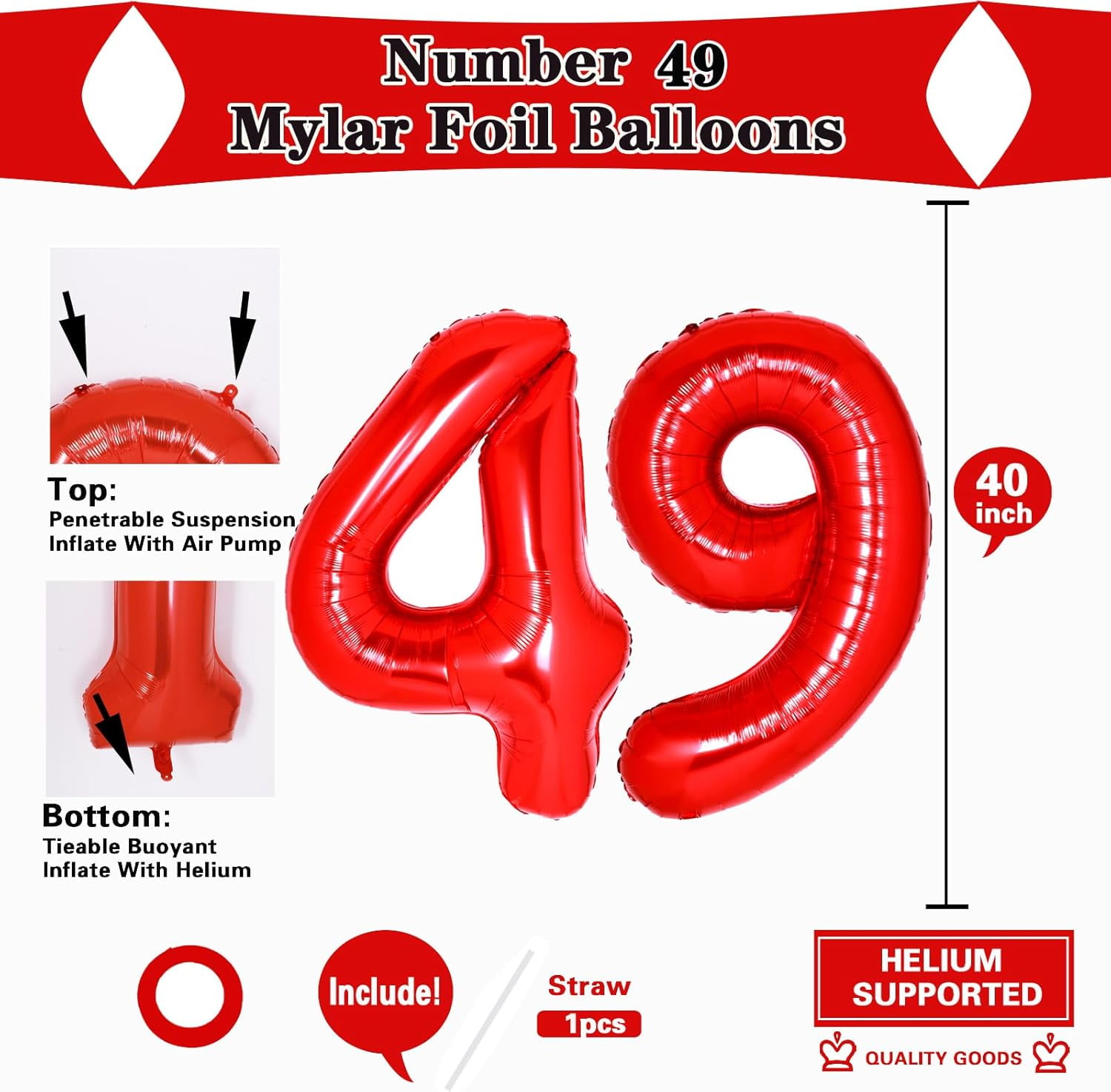 Red 49 Number Balloons 40 Inch Jumbo Foil Balloons Prom Balloon For Man ...