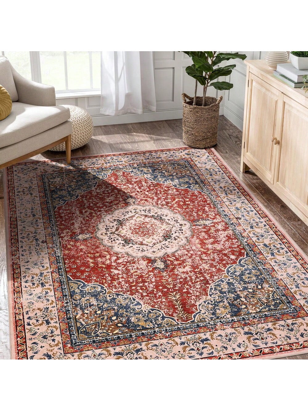 Red-5*7 feet Short Pile Area Rugs For Living Room Carpets Boho Washable ...