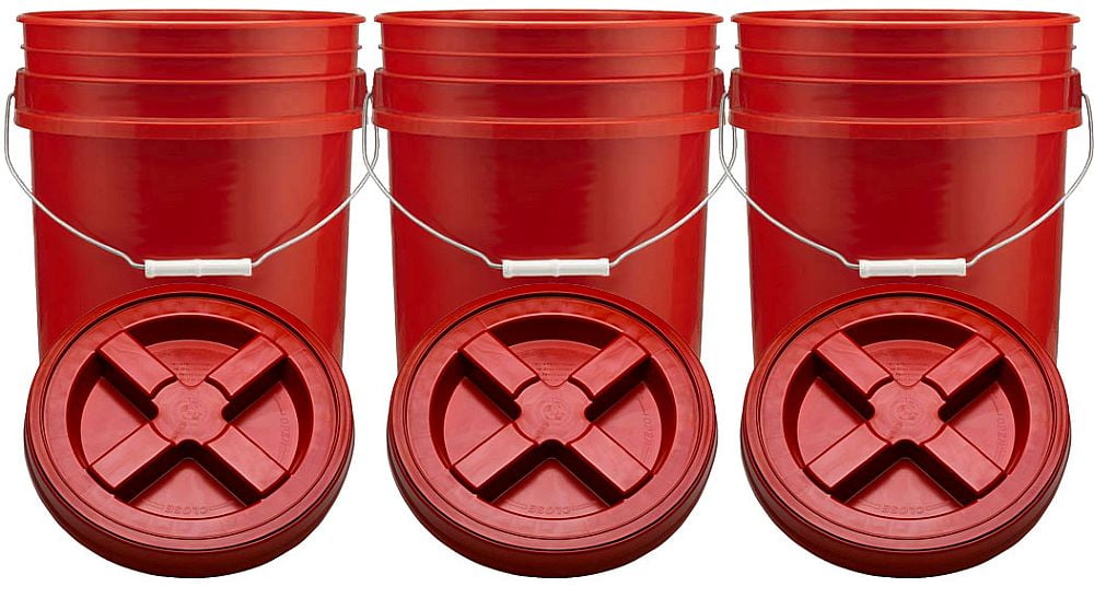 Red 5 Gallon Plastic Buckets and Gamma Seal Lids Food Grade Combo 3 ...