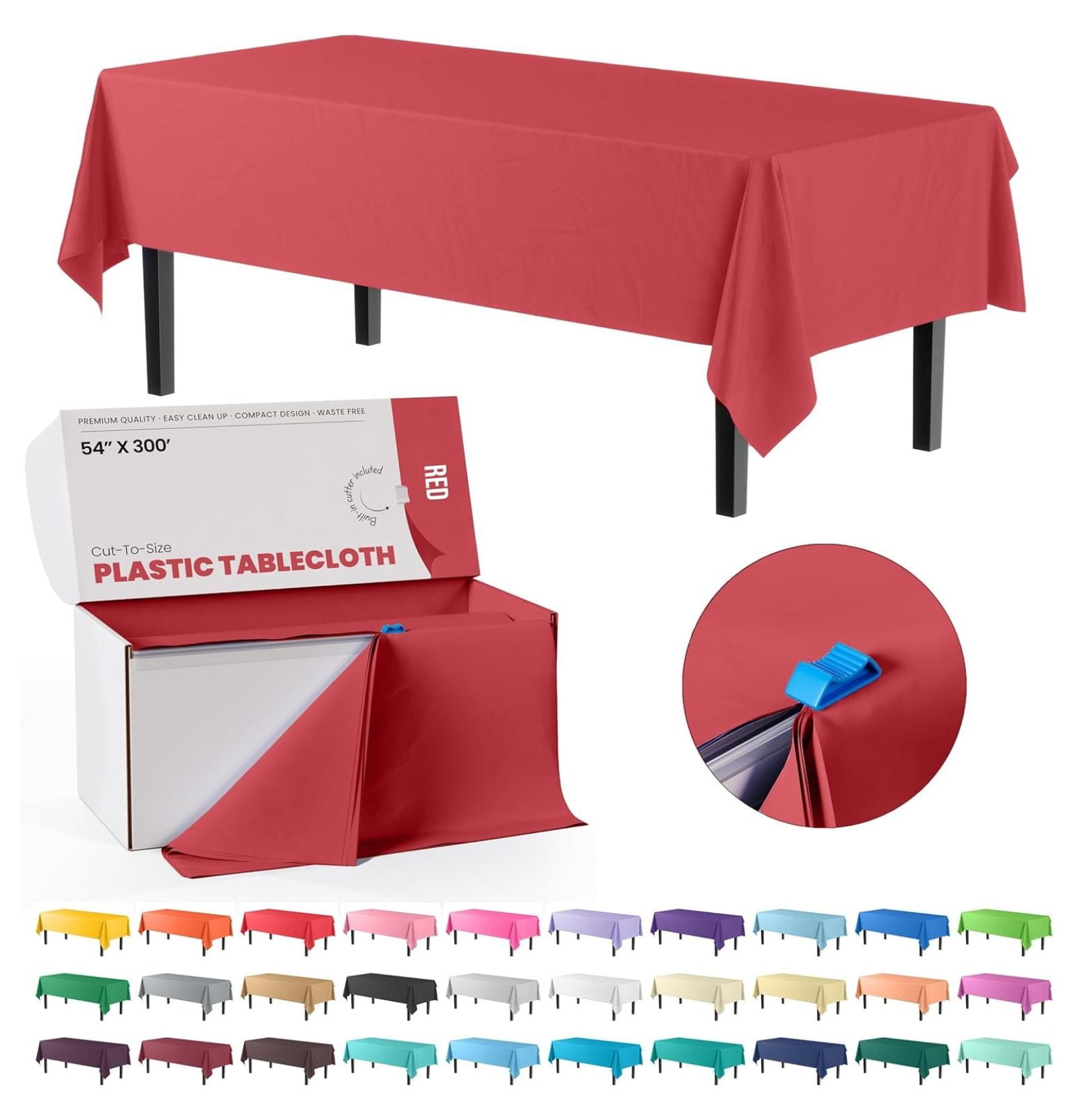 Red 54x300in Plastic Disposable Tablecloth Roll with Built-in Cutter ...