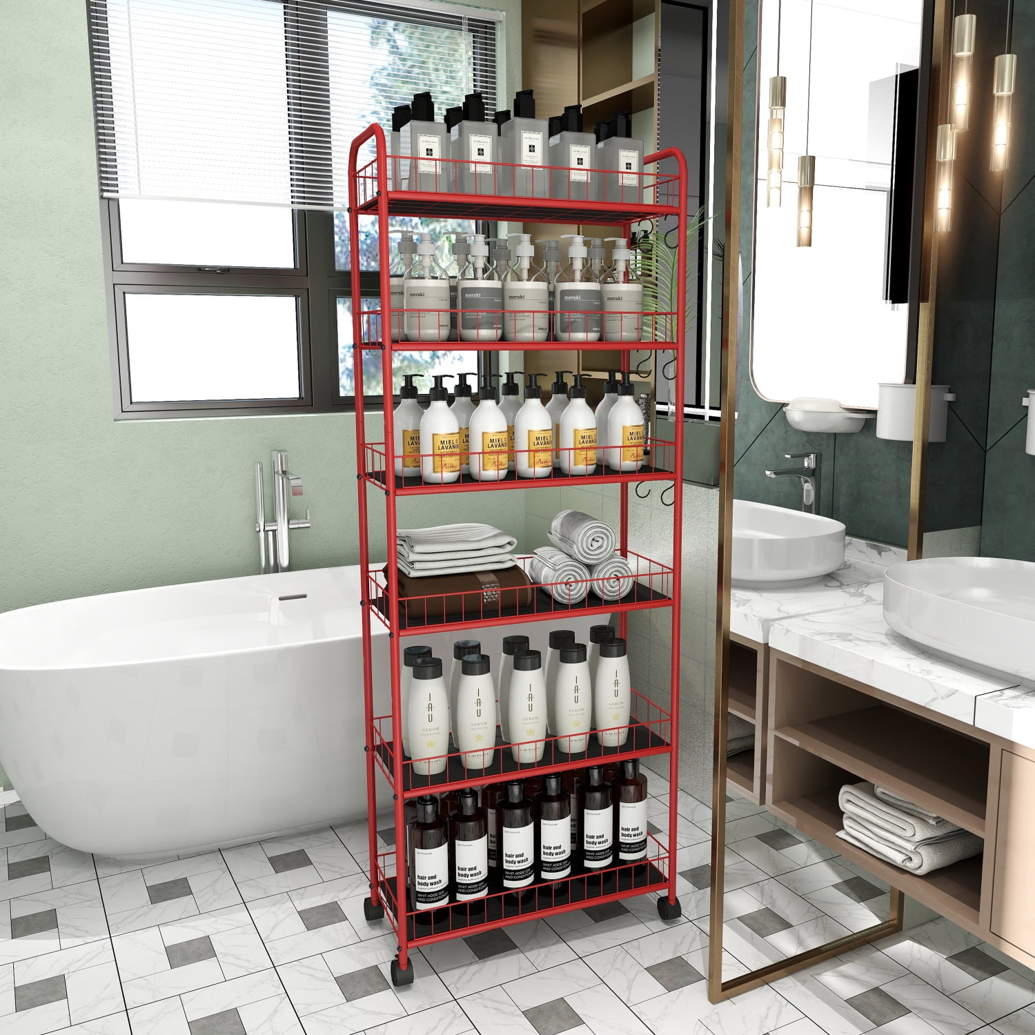Red 6 Tier Slim Rolling Cart Mobile Shelving Unit with Wheels Metal ...