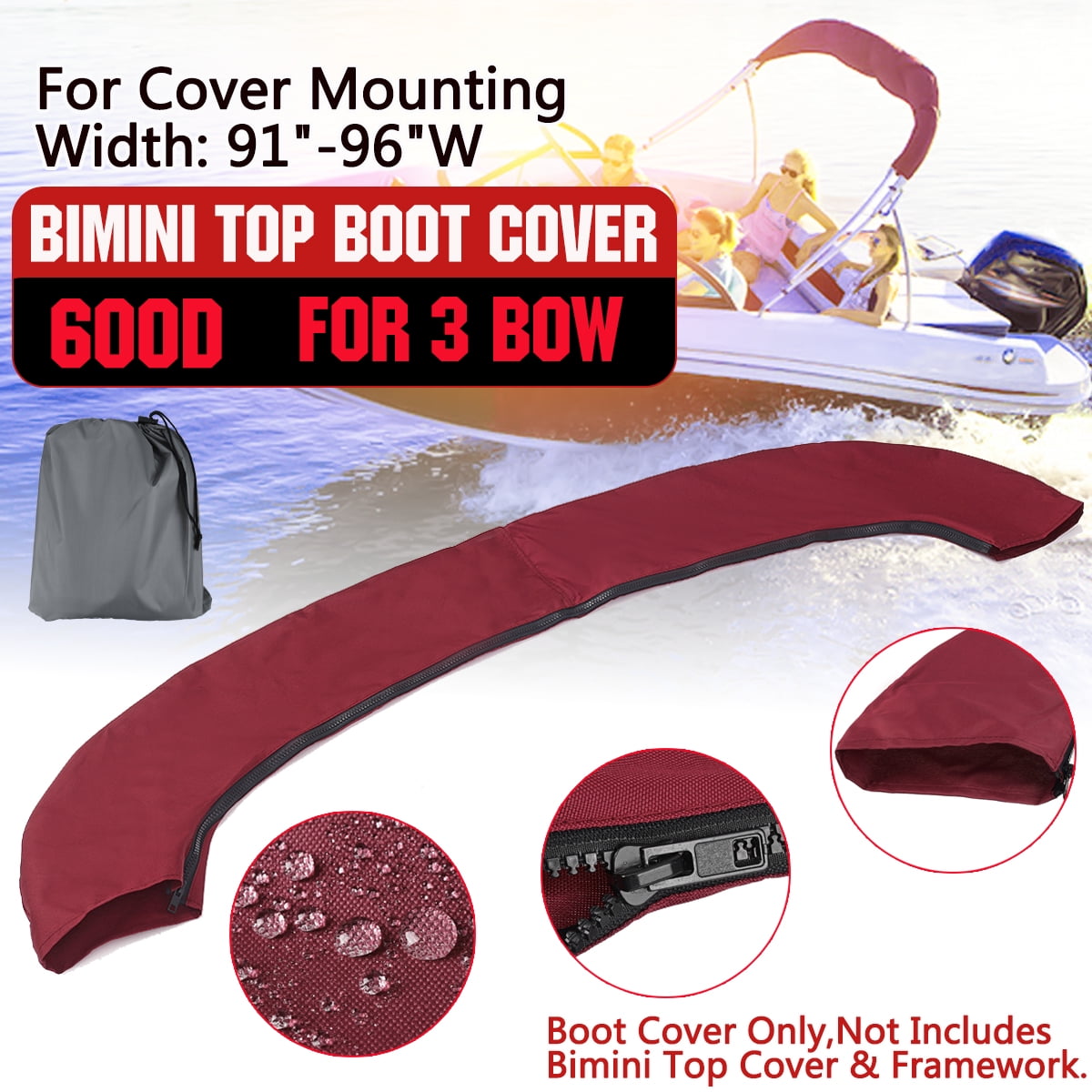 Red 600D 3 BOW Bimini Top Storage Boot Cover Storage Bag Sock Boat ...