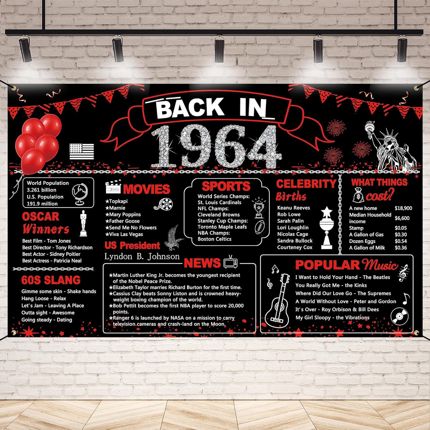 Red 60th Birthday Party Decorations Black Red Back in 1964 Banner 60 ...