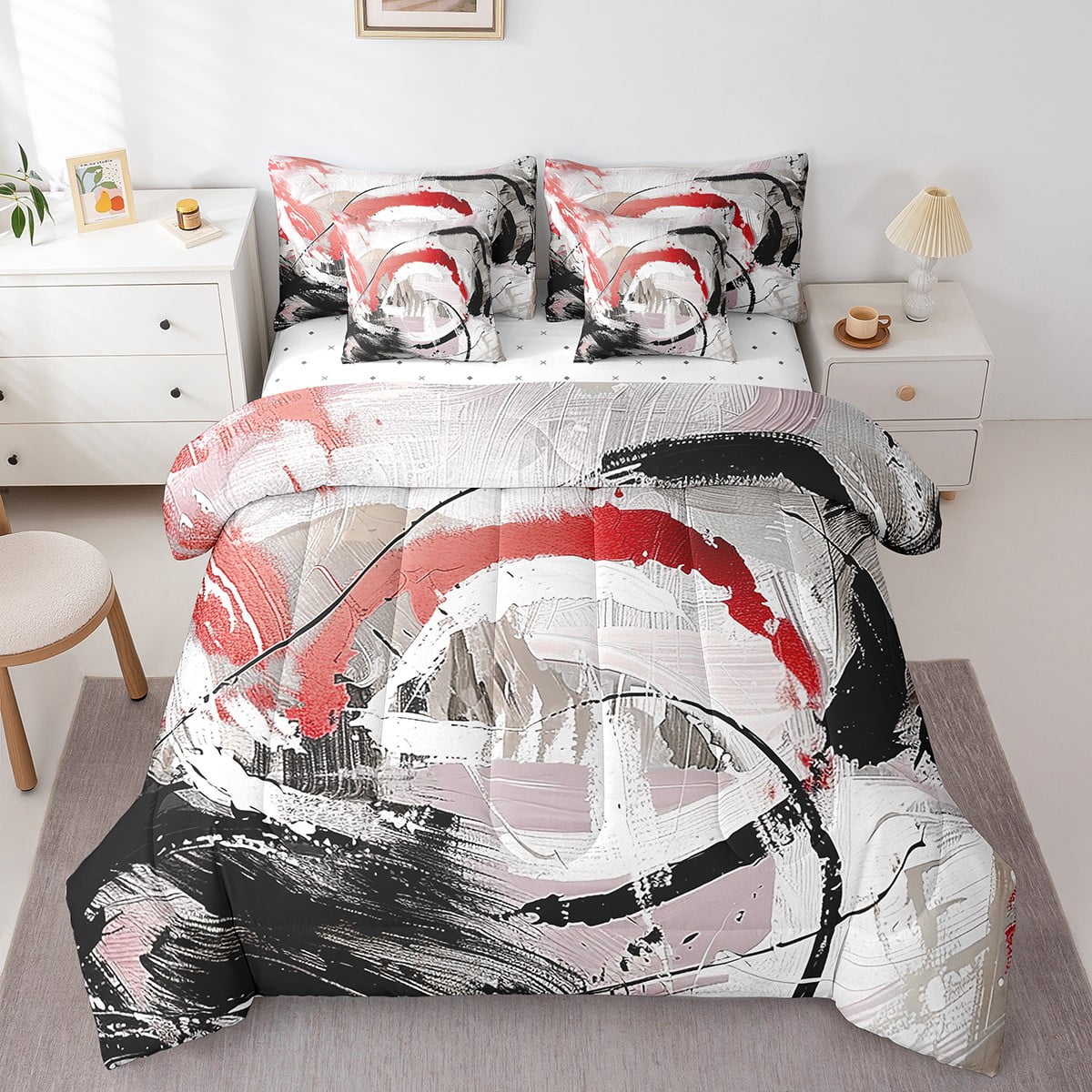 Red 7 Piece Comforter Set Full Bed in a Bag,Gradient Black White Grey ...