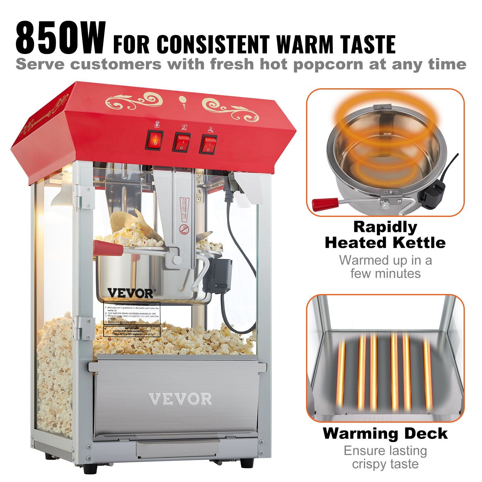 Red 8 Oz Popcorn Popper Machine, 850W Countertop Popcorn Maker, 48 Cups ...