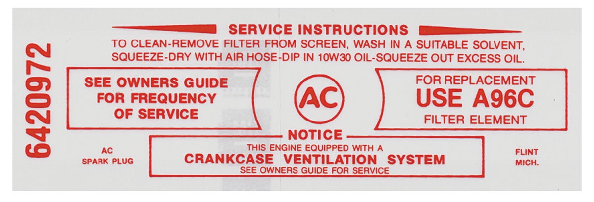 Red A96C 389 421 428 Air Cleaner Service Decal 1965-1966 GTO LeMans ...