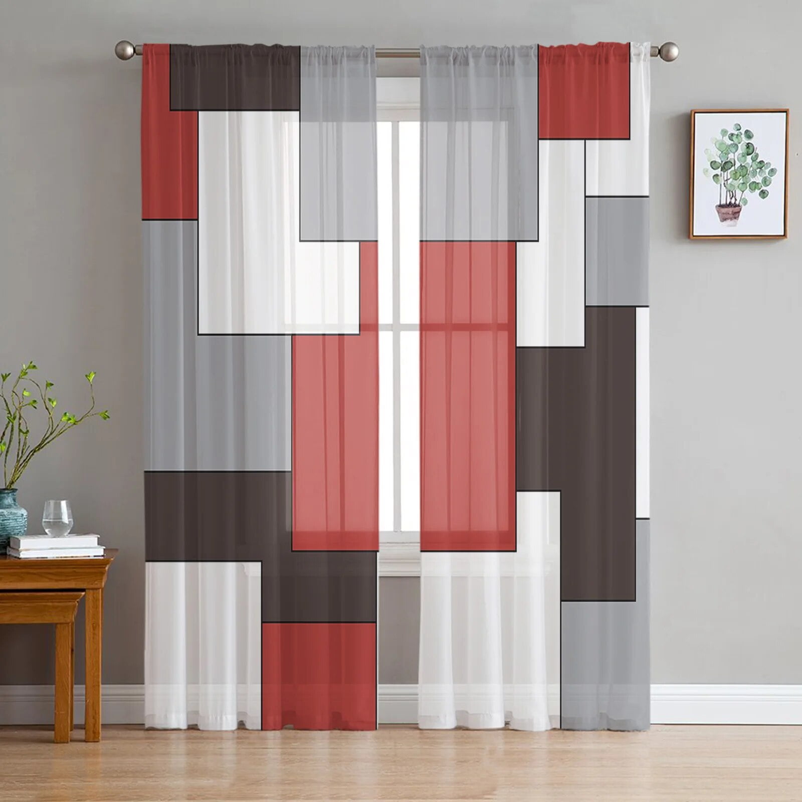 Red Abstract Geometric Mid Century Sheer Curtains For Living Room ...