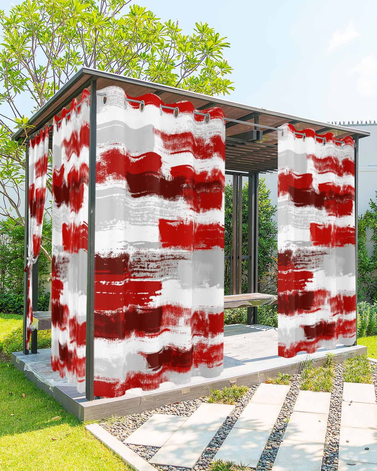 Red Abstract Outdoor Curtains for Patio, Grey Modern Mottled Art Oil ...