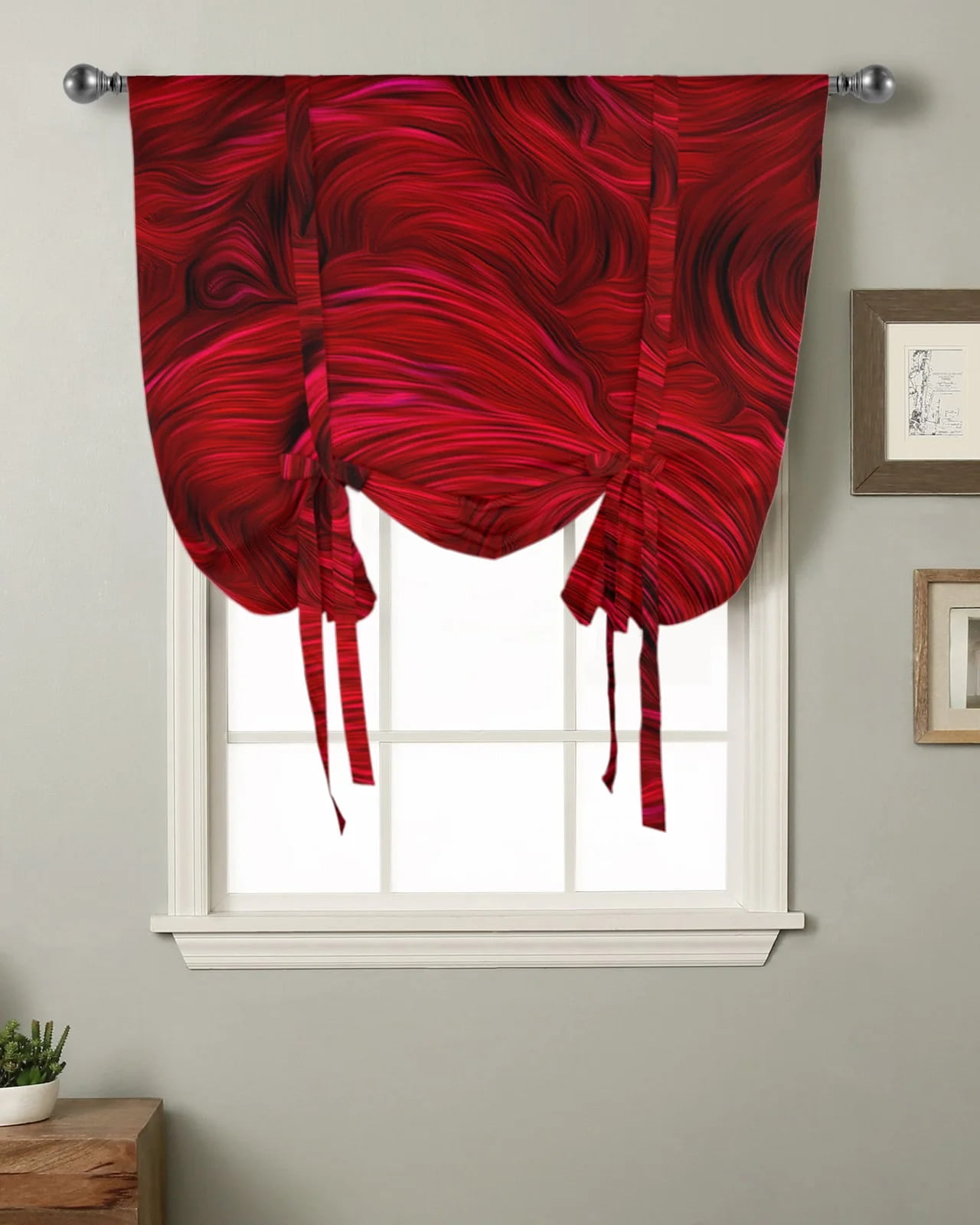Red Abstract Texture Lines Kitchen Short Window Curtain Rod Pocket ...
