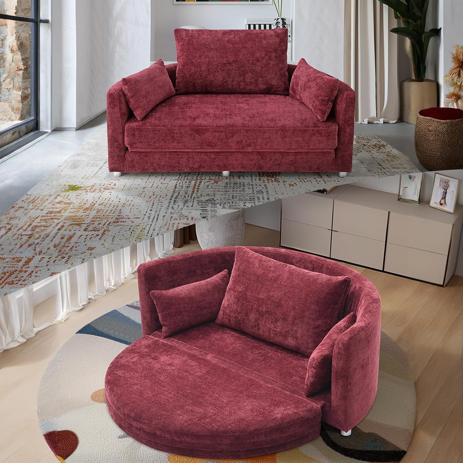 Red Accent Barrel Chair,Convertible Sleeper Sofa Couch with Pull-Out ...