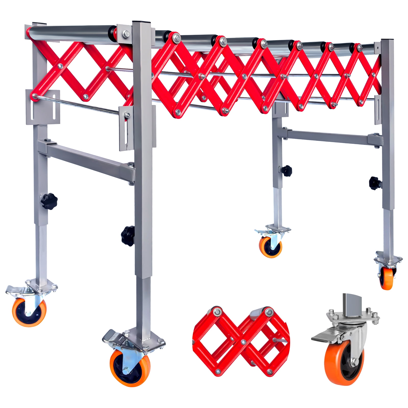 Red Adjustable Conveyor Roller Table, 8 Rollers, 4 Lockable Casters ...