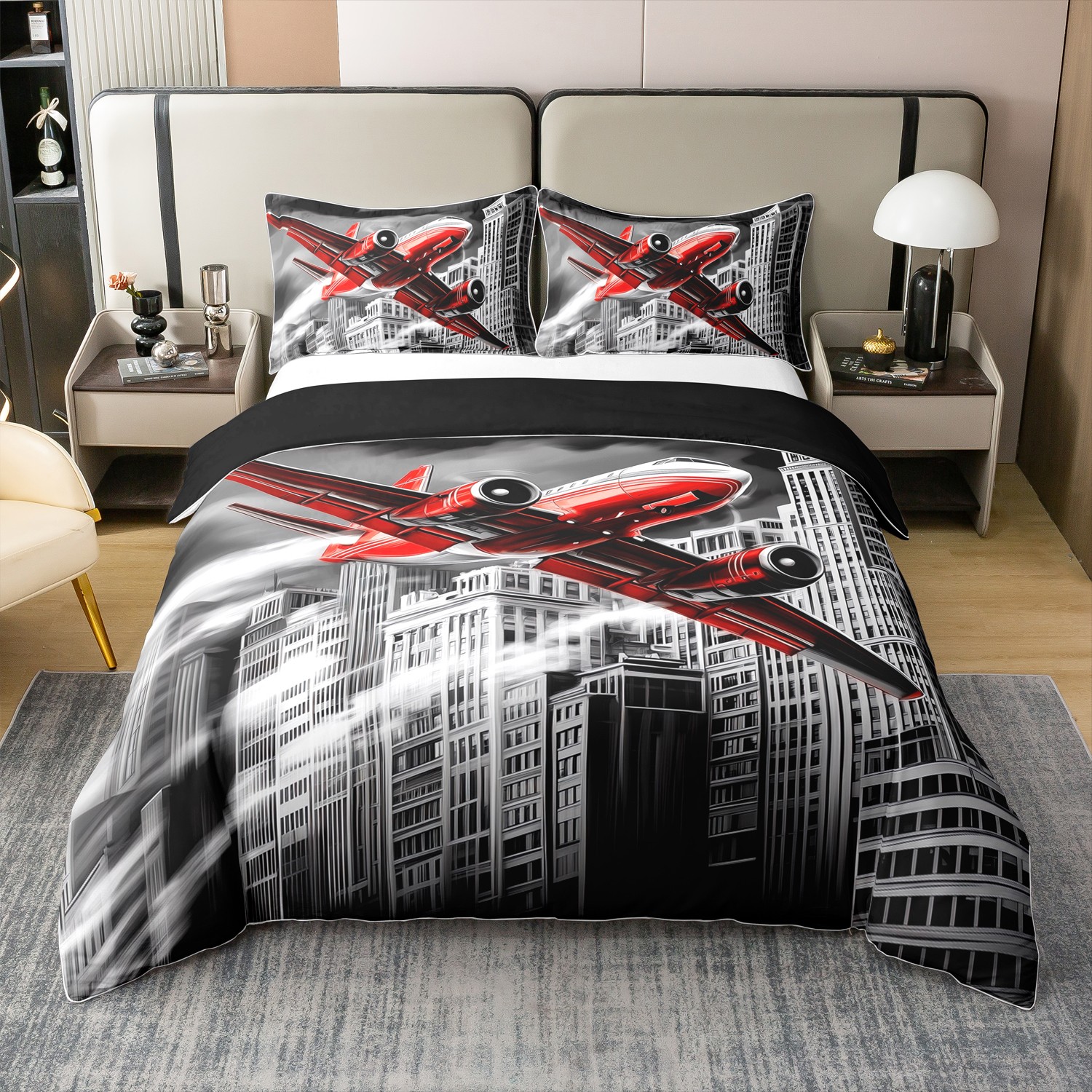 Red Airplane 100% Cotton Duvet Cover Queen,Urban Street View Bedding ...