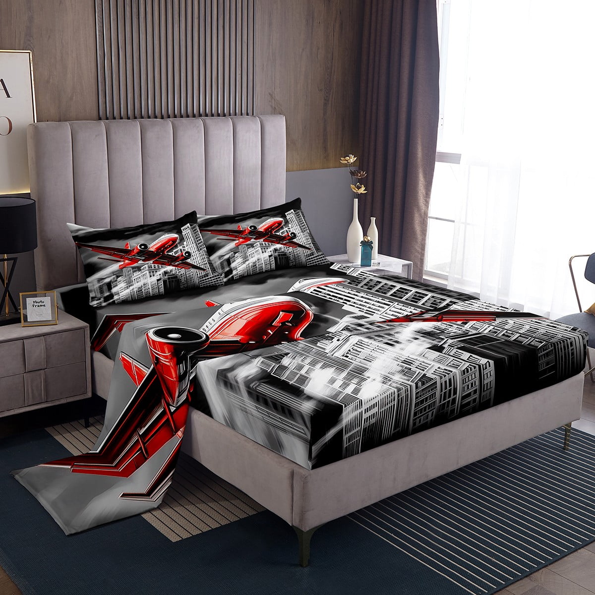 Red Airplane Bed Sheets Twin Size,Urban Street View Bedding Set 3Pcs ...