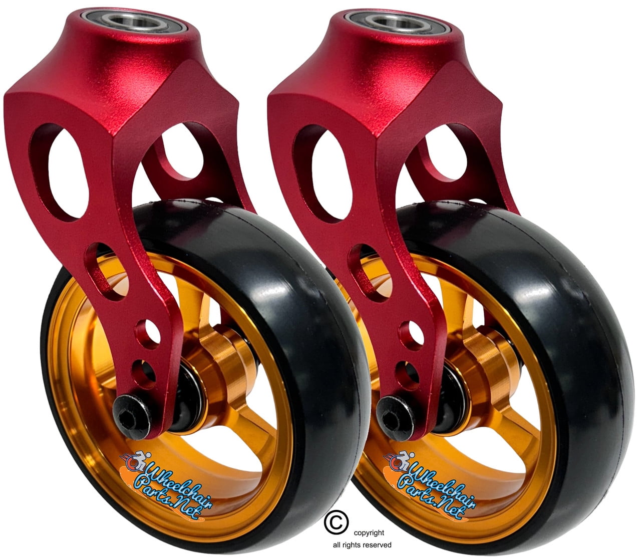 Red Aluminum Caster Fork Assembly With 4x1.40 Soft Roll Wheels in Gold ...