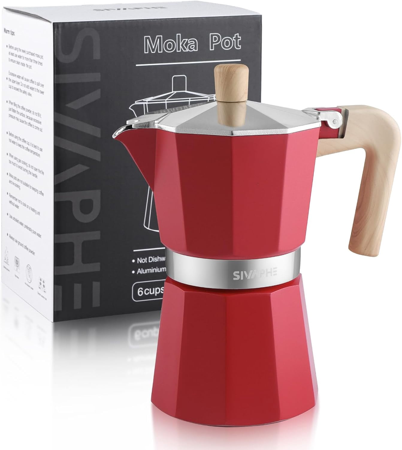 Red Aluminum Moka Pot for 6 Espresso Cups, Stovetop Percolator Coffee ...
