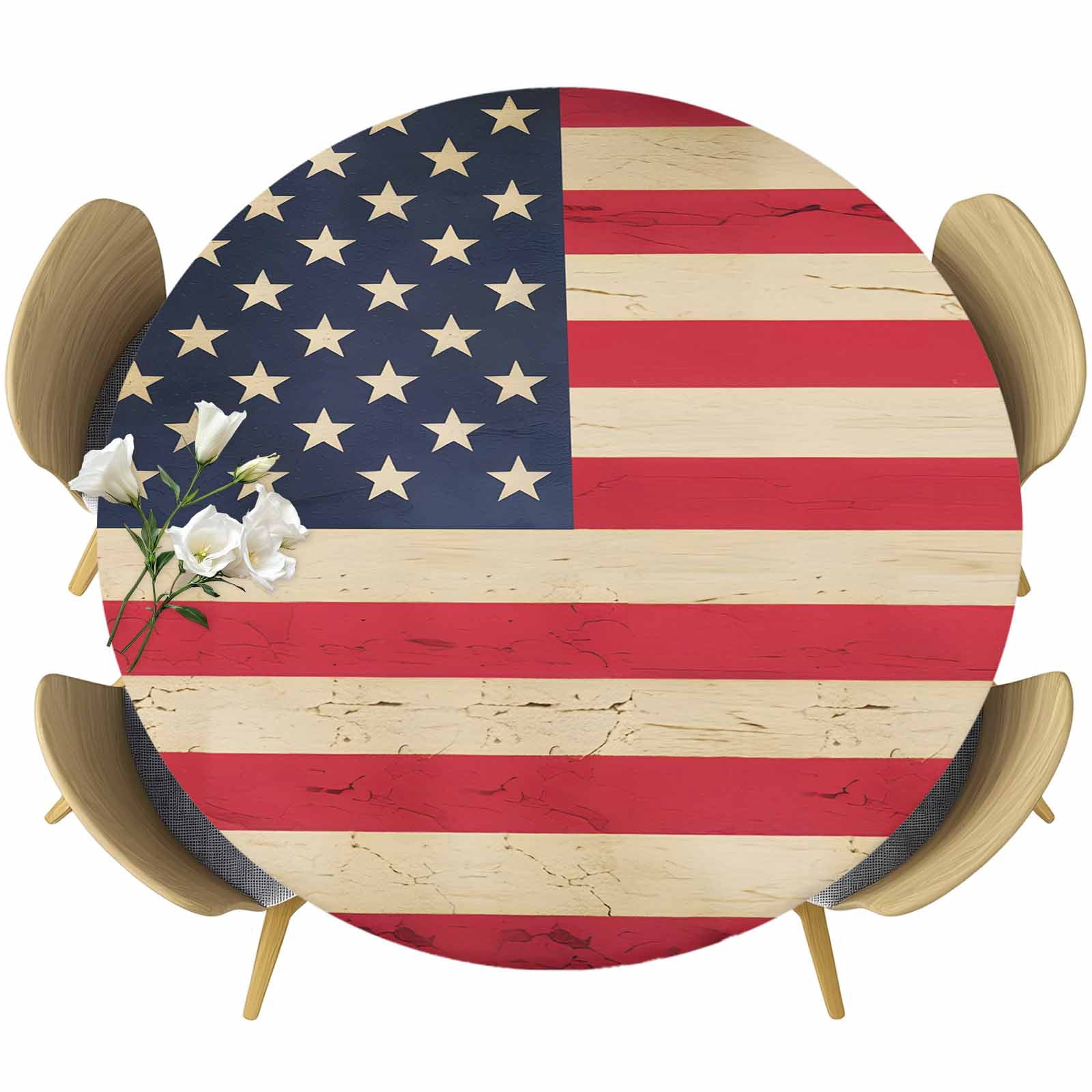 Red American Flag Round Tablecloth, Fitted Table Cover with Elastic for ...