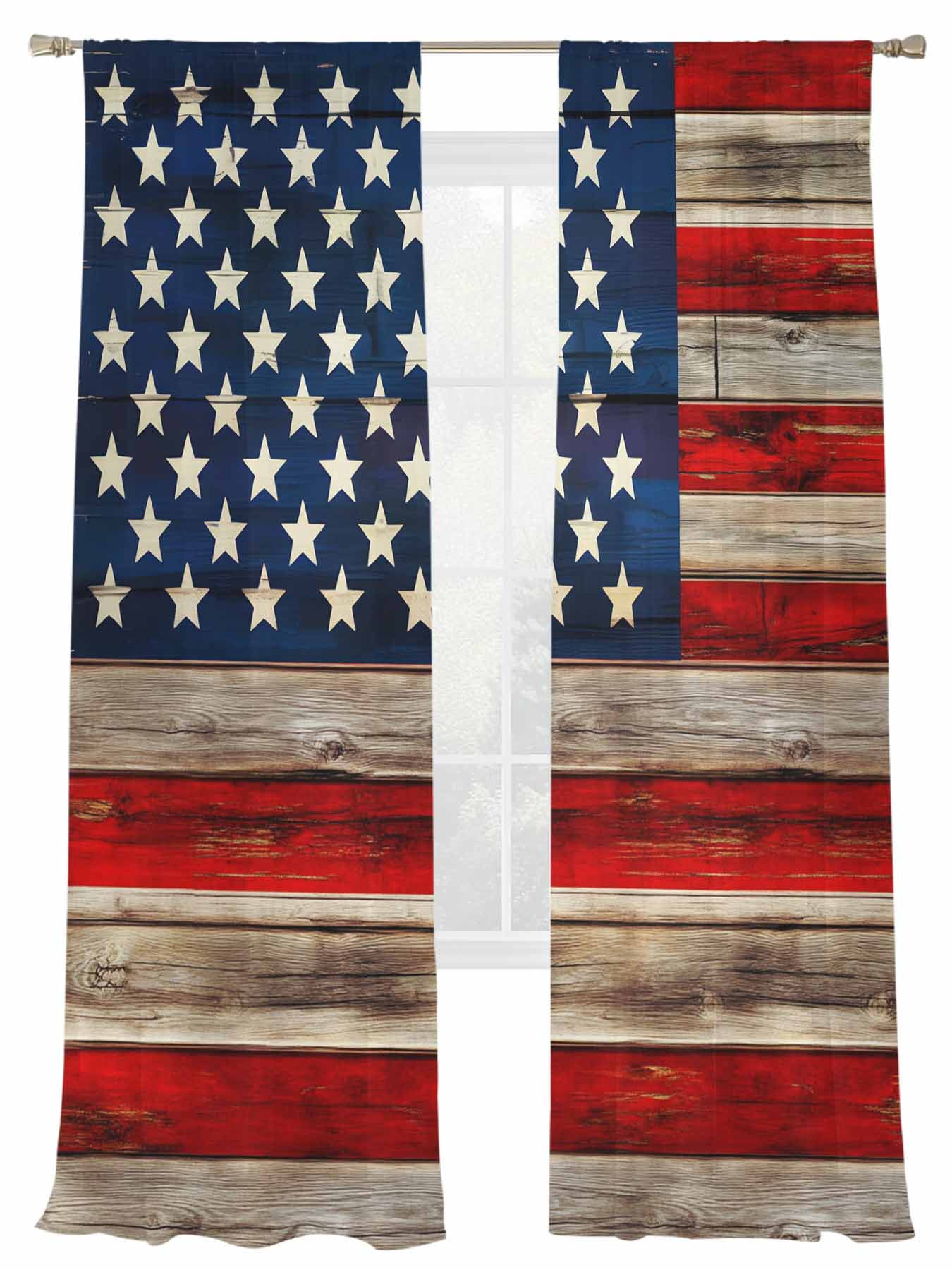 Red American Flag Sheer Curtains 84 Inch Length 2 Panels Set, Semi ...