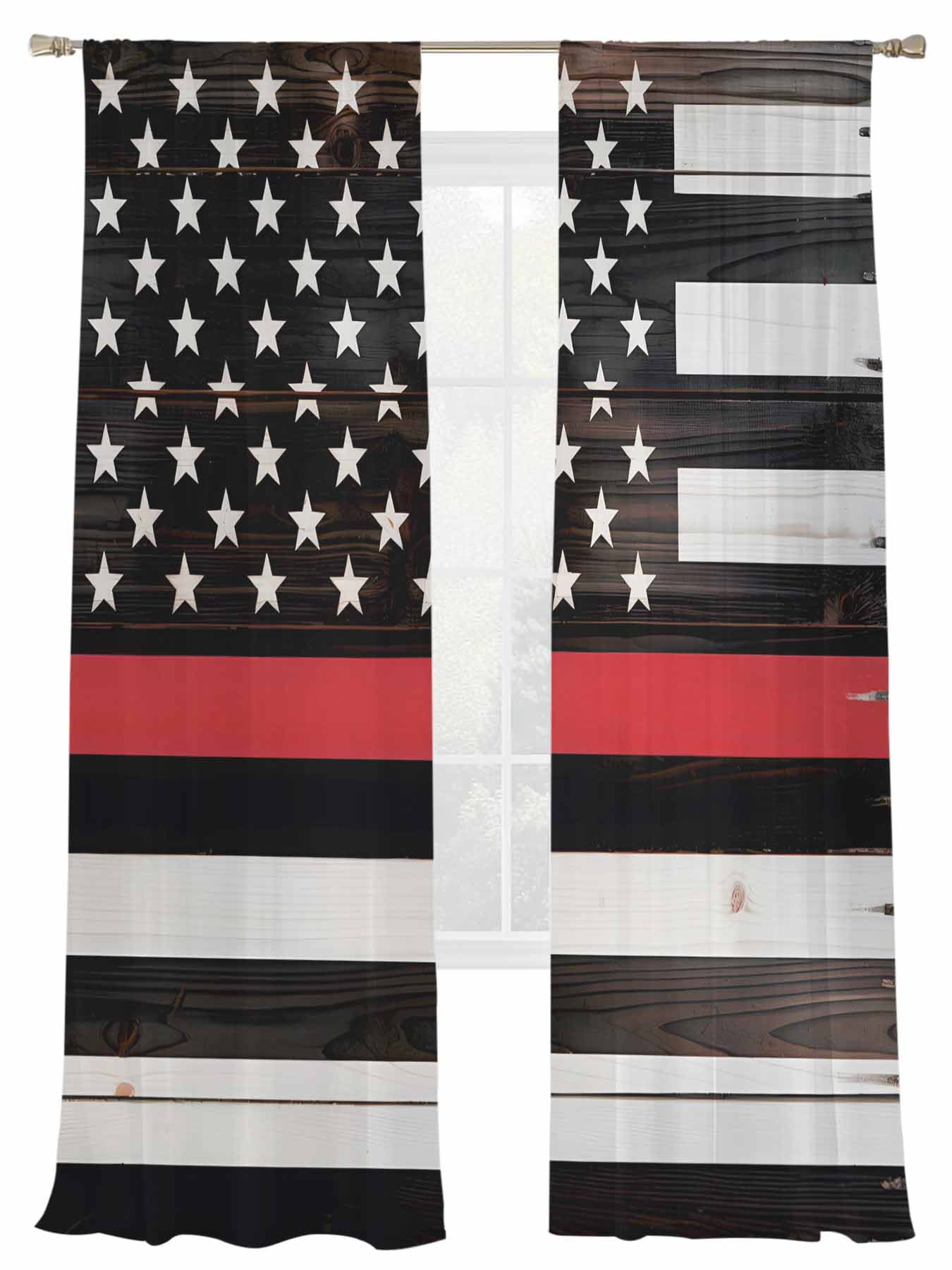 Red American Flag Sheer Curtains 96 Inch Length 2 Panels Set, Semi ...