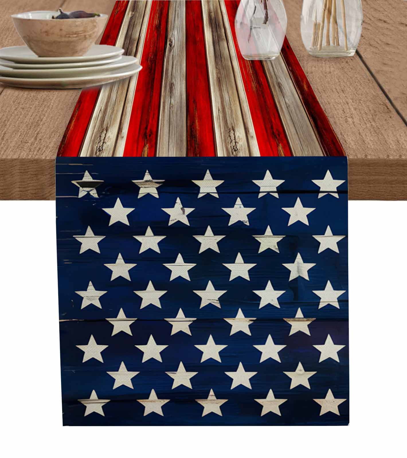 Red American Flag Table Runner 120 Inches, Navy Blue Stars Wooden ...