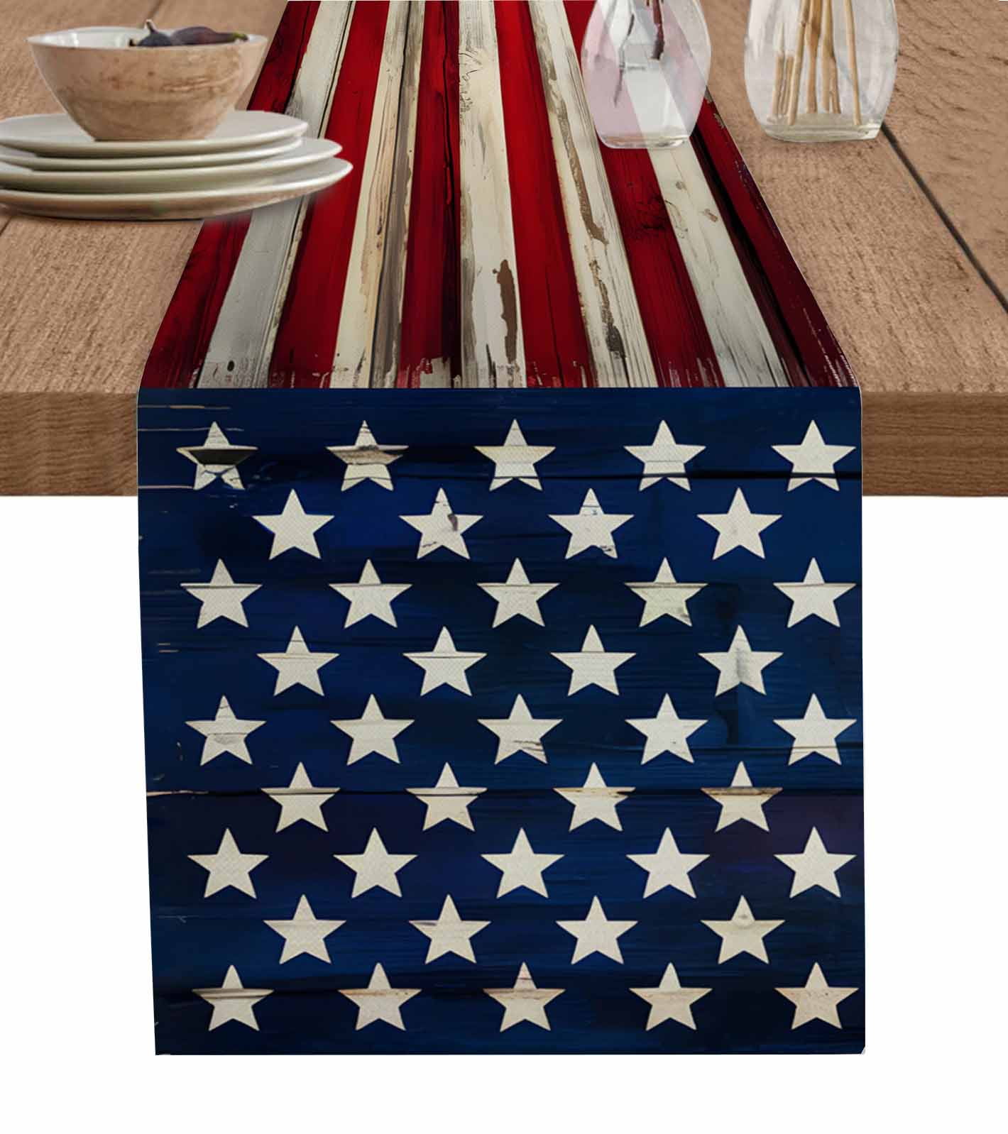 Red American Flag Table Runner Navy Blue Stars Wooden Tablerunners 14 x ...