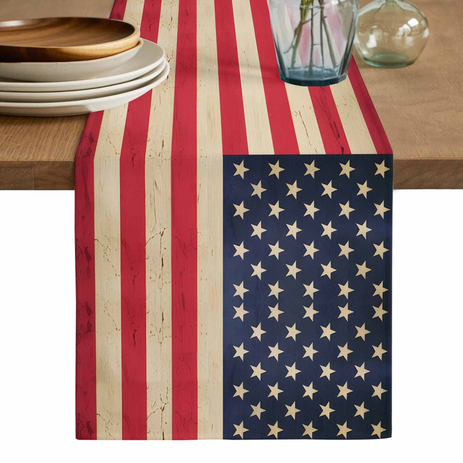 Red American Flag Table Runner, Retro USA Flag Watercolor Washable ...