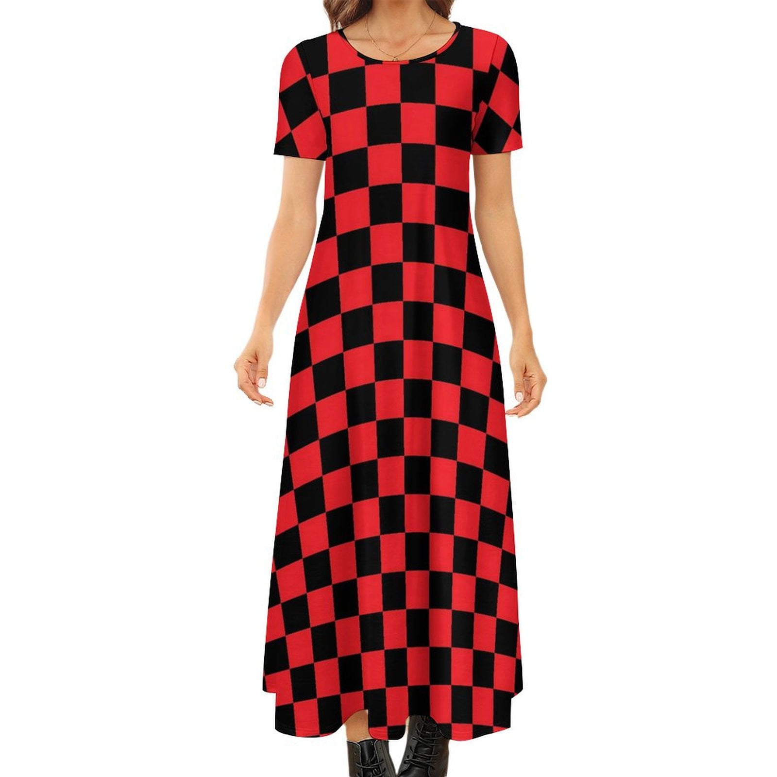 Red And Black Check Print Dress Heart Street Wear Boho Beach Long ...