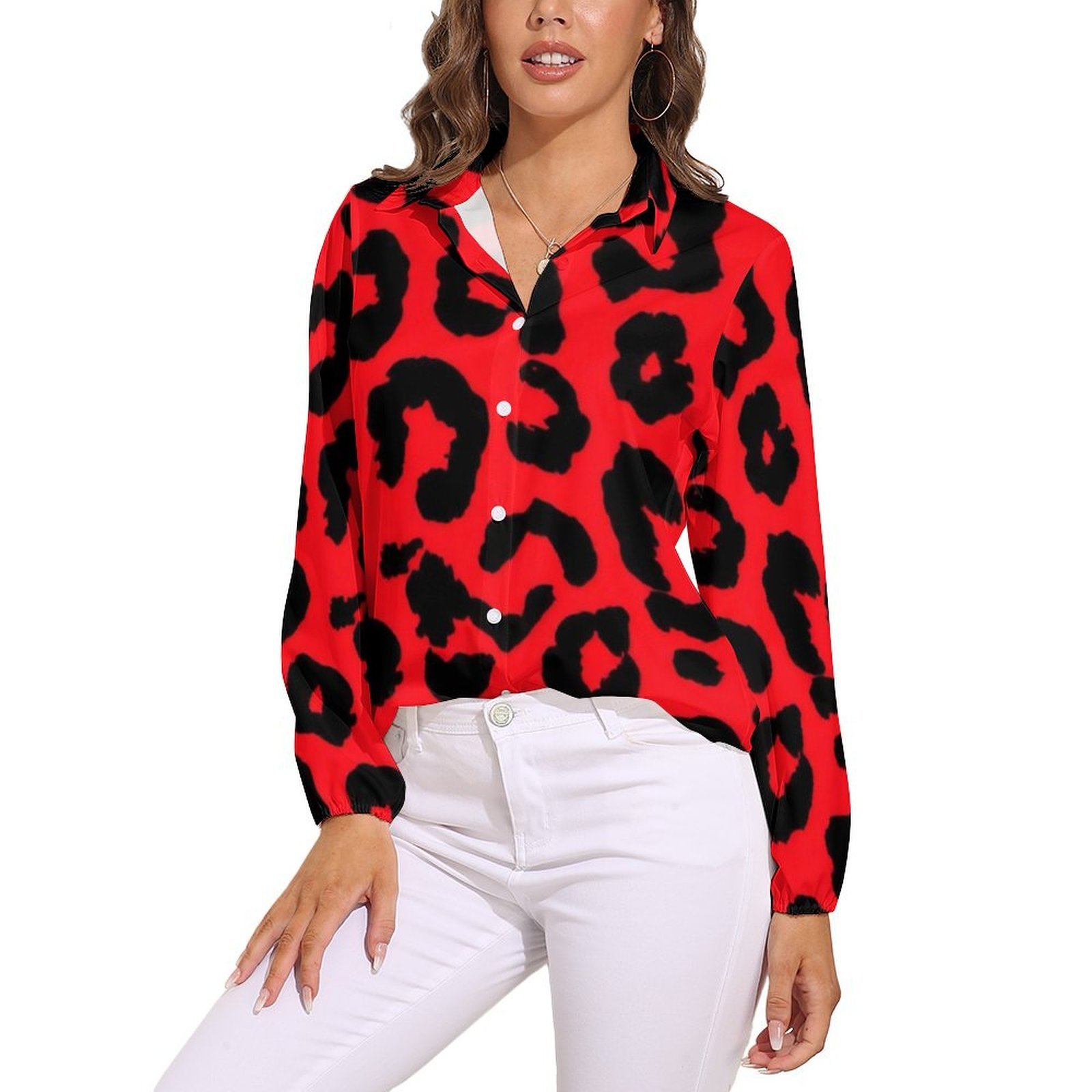 Red And Black Leopard Print-2 Vntage Casual Long Sleeve Shirt Blouse ...