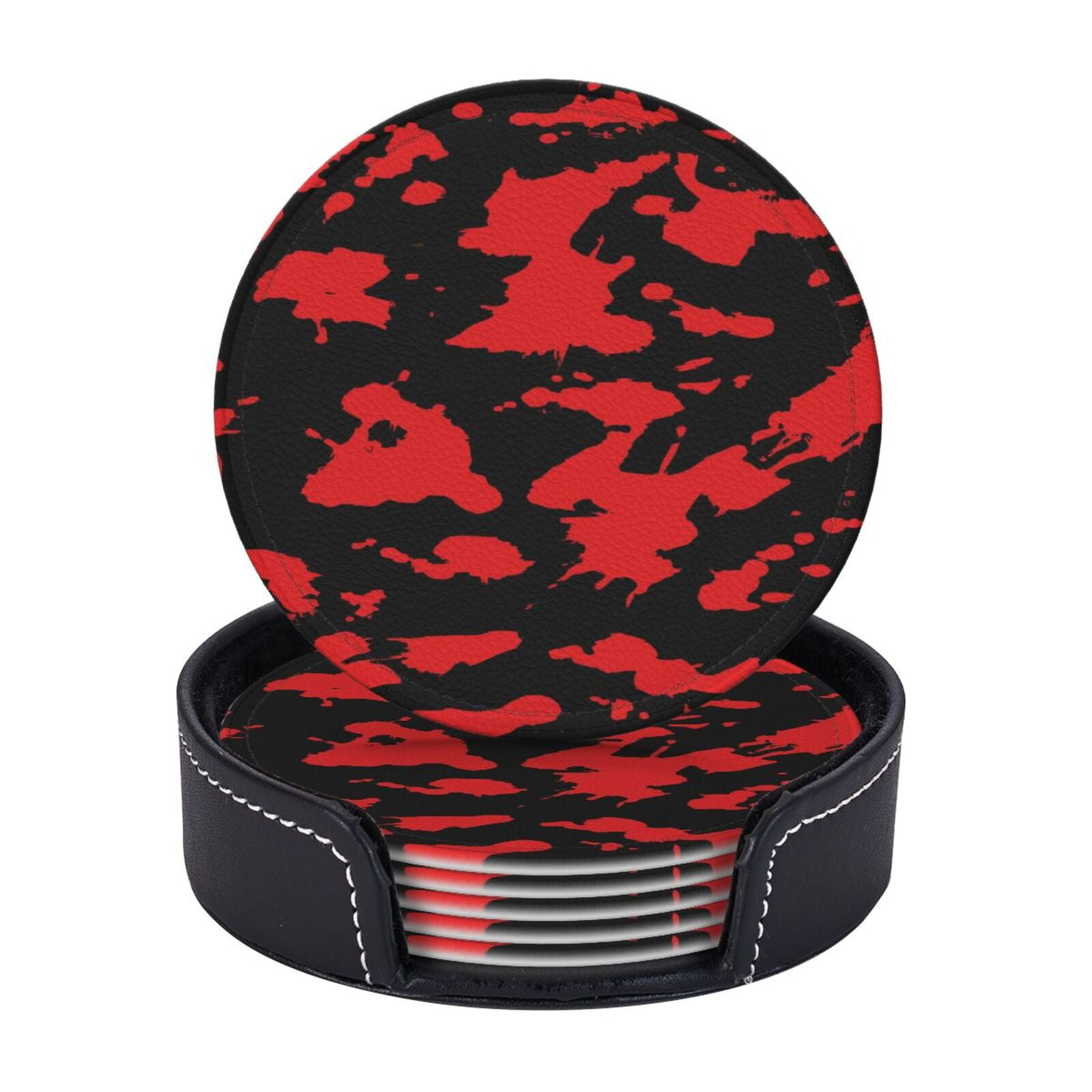 Red And Black Paint Splatter Coasters With Leather Holder Set Of 6 ...