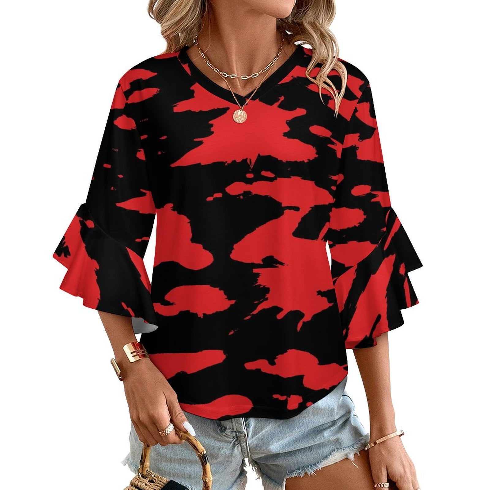 Red And Black Paint Splatter Women's V-Neck Blouse With 3/4 Ruffled ...