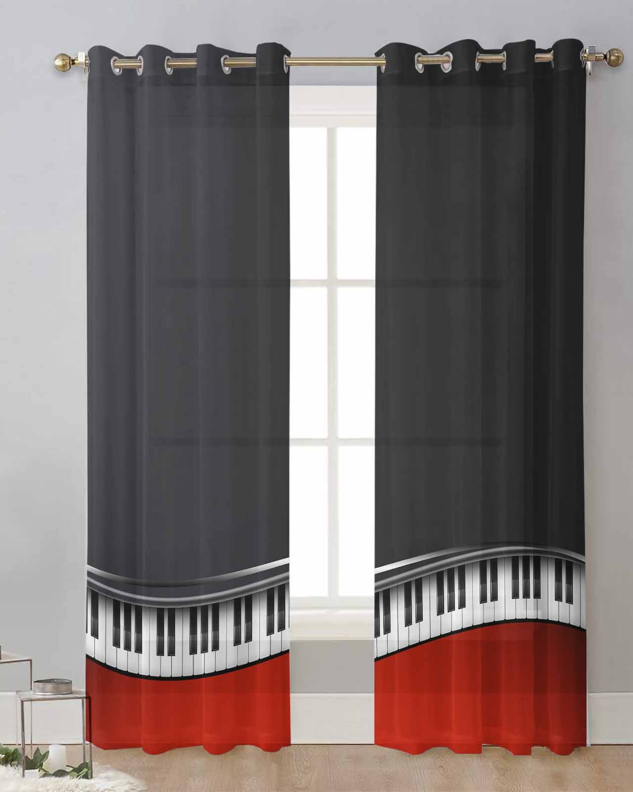 Red And Black Piano Keys Sheer Curtains For Living Room Window ...