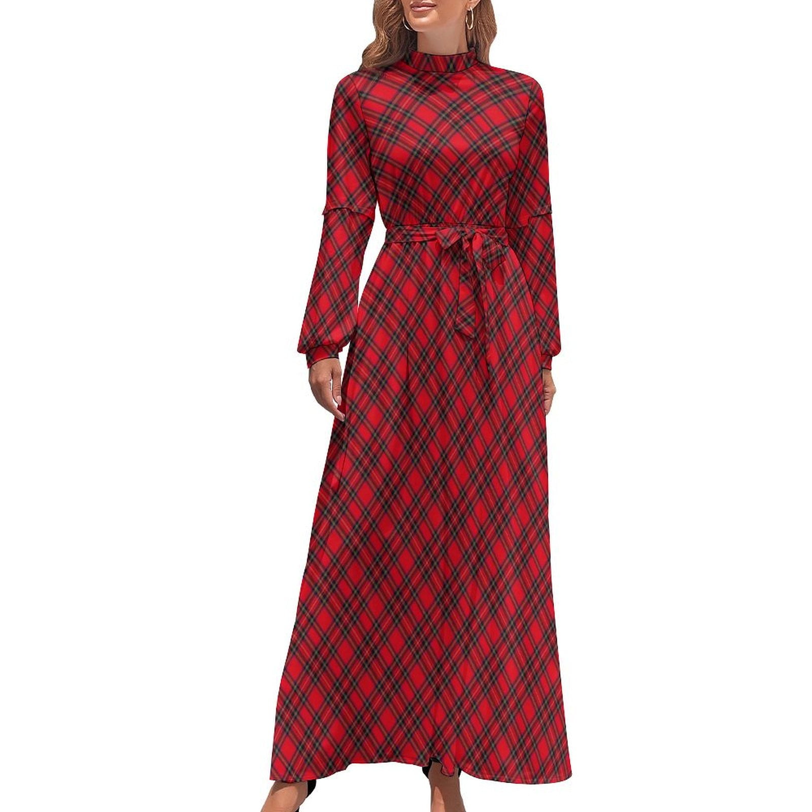Red And Black Plaid Dress Checkerboard Aesthetic Bohemia Dresses Womens ...